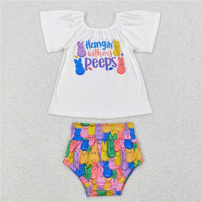 GBO0195 hangin' with my peeps letter white short sleeve colorful bunny ...