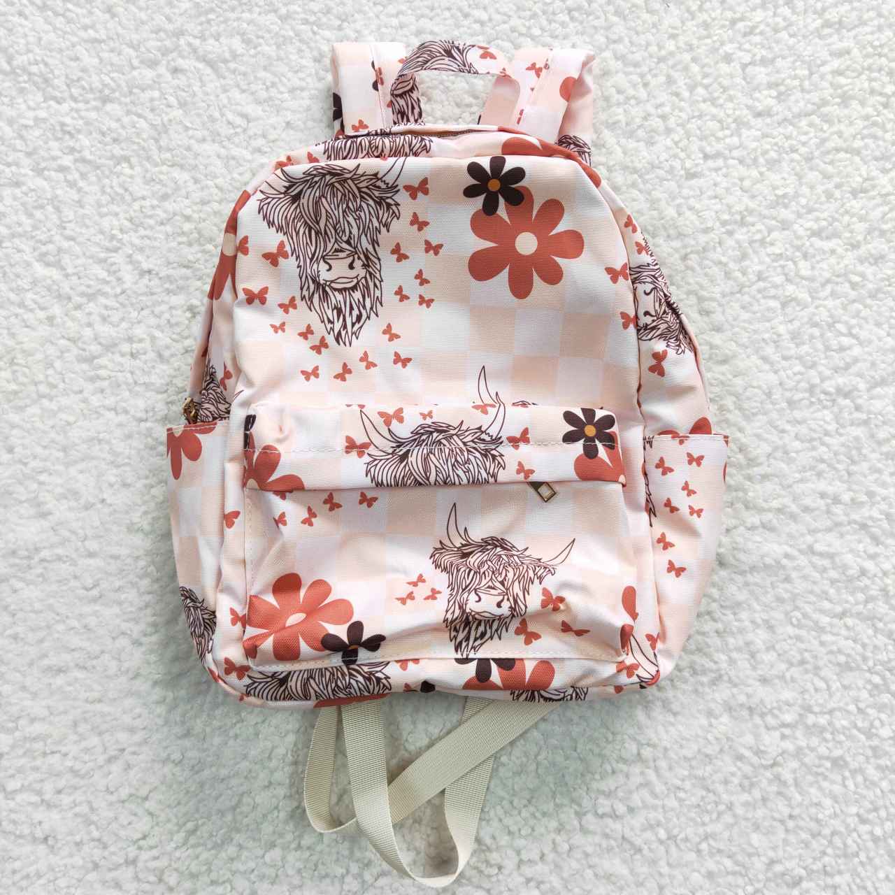 BA0074 Alpine cow head flower pink plaid backpack – sunshine kids clothes