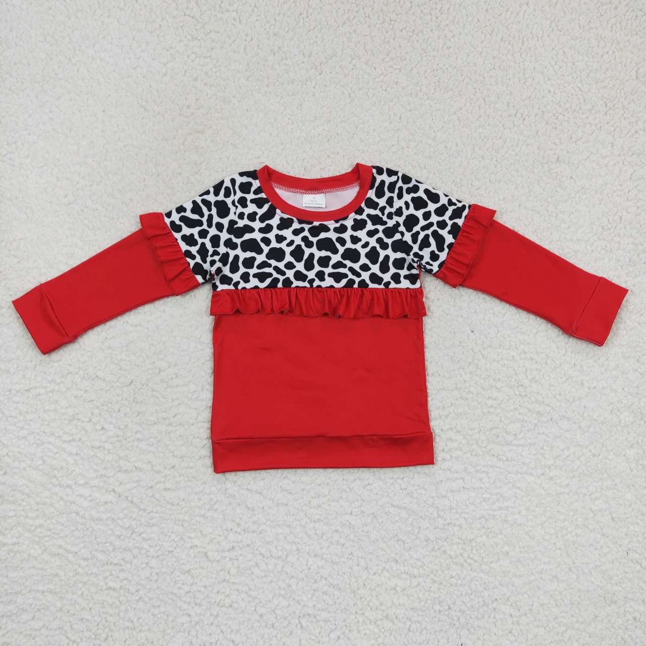 GT0295 Cow pattern red lace long-sleeved top – sunshine kids clothes