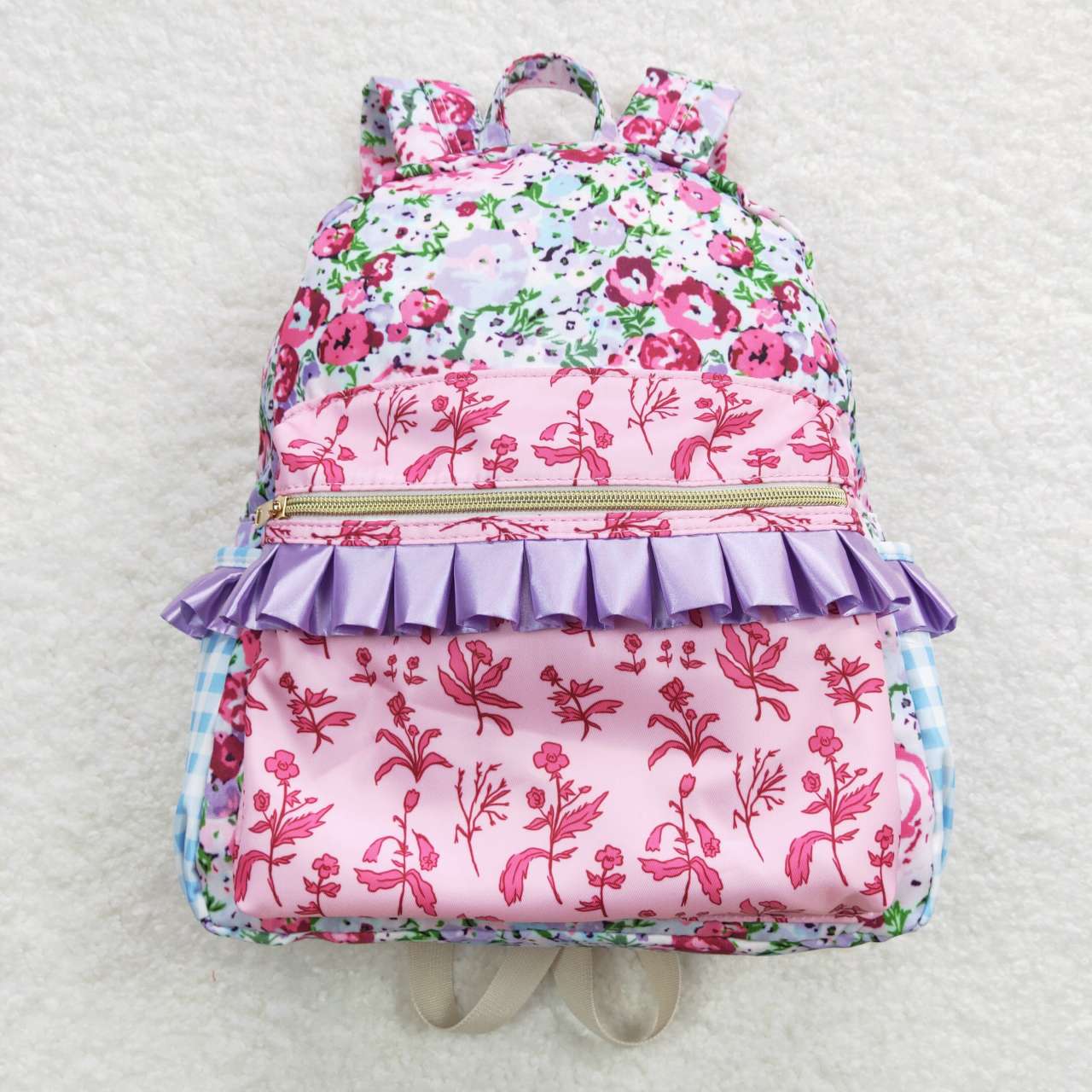 BA0099 Blue and purple flower lace plaid backpack – sunshine kids clothes