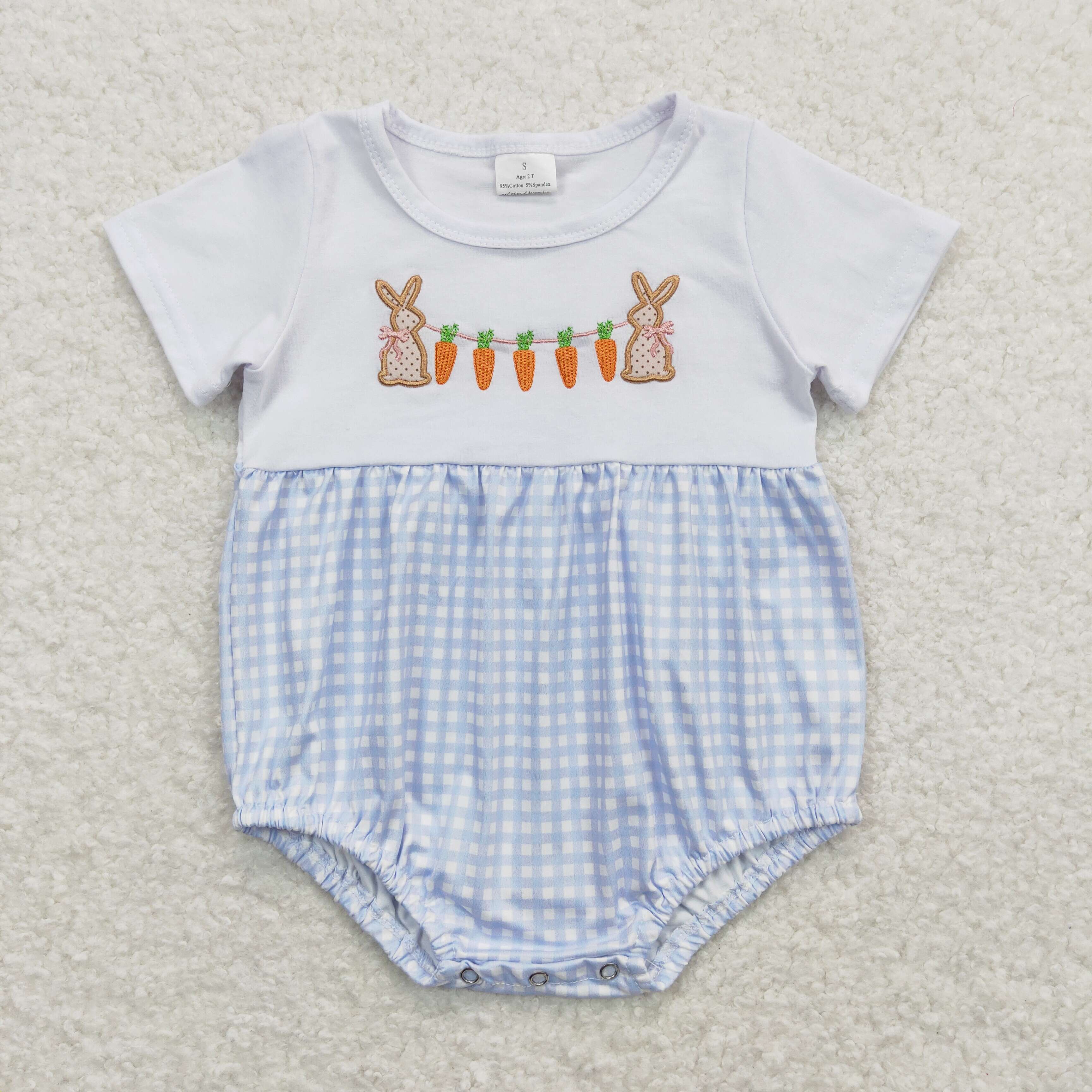 SR0723 Embroidery Rabbit Carrot Blue and White Plaid Short Sleeve romp ...